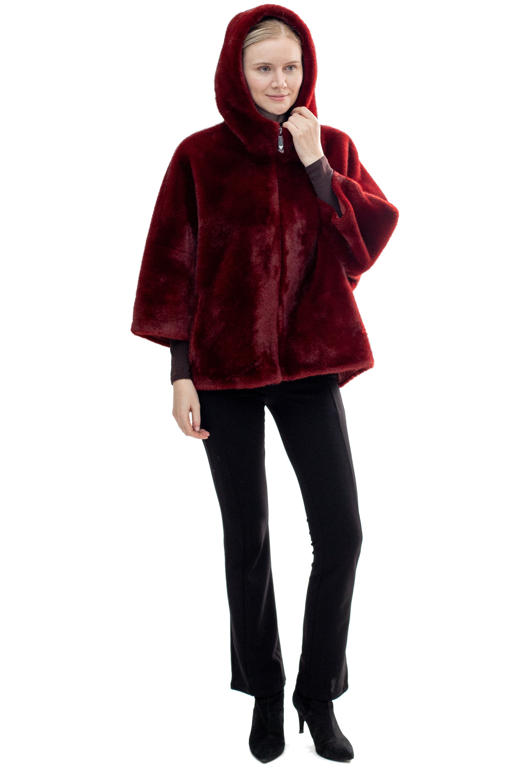 BRAM - Faux mink hooded cape jacket with 3/4 sleeves