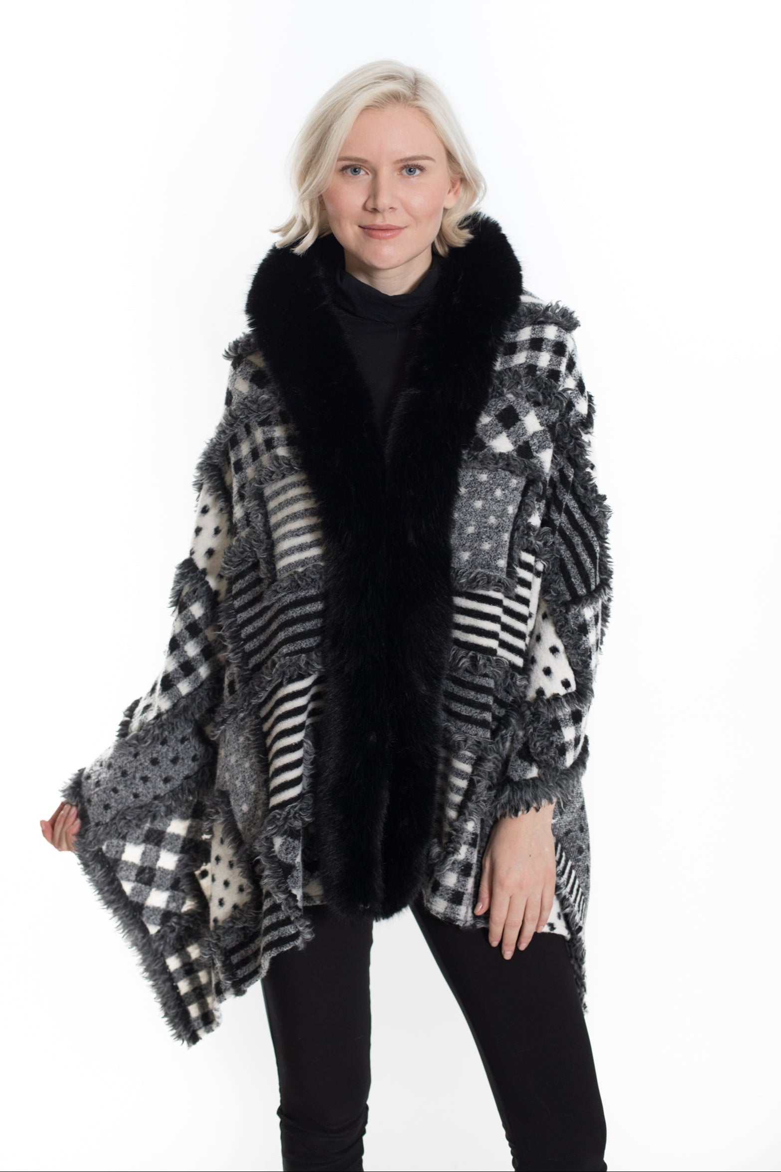 Wool Blend Wrap with Patchwork and Faux Fur Trim